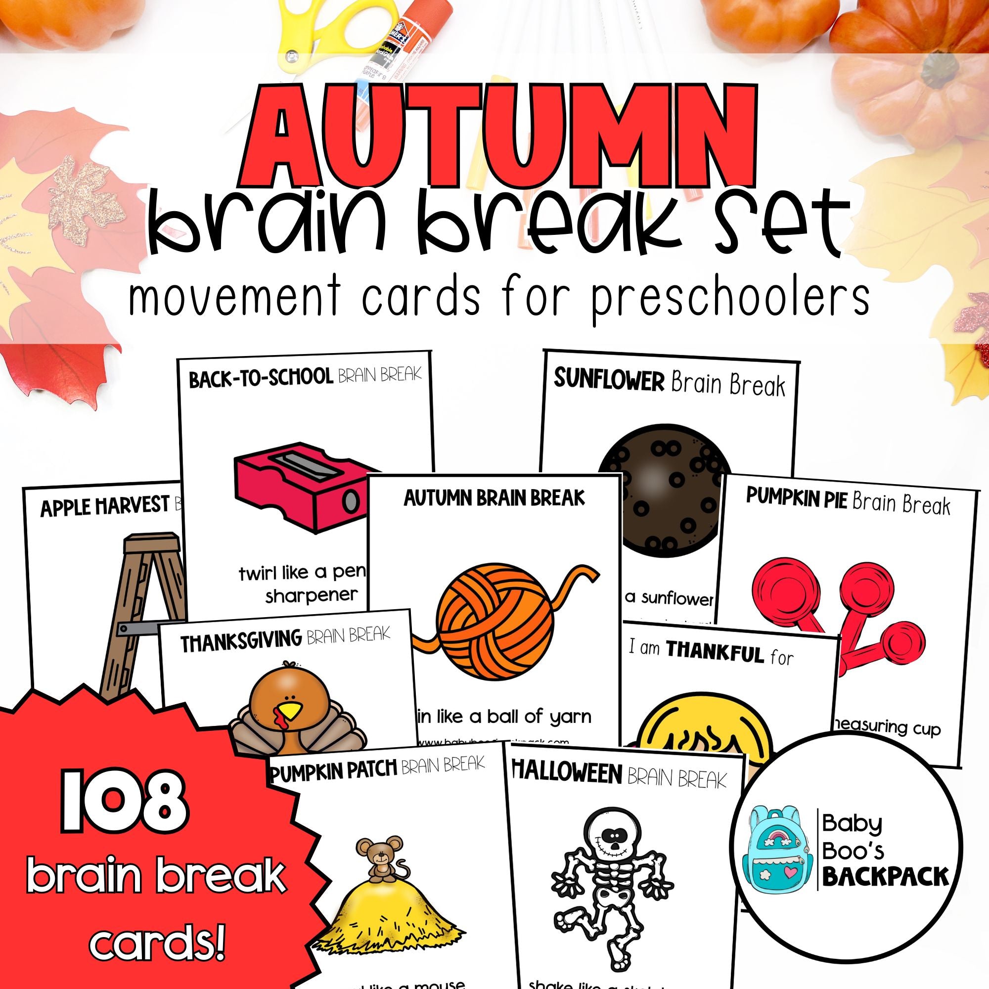 Autumn Brain Break Cards | Fall Gross Motor Movement Cards | Self-Regu ...