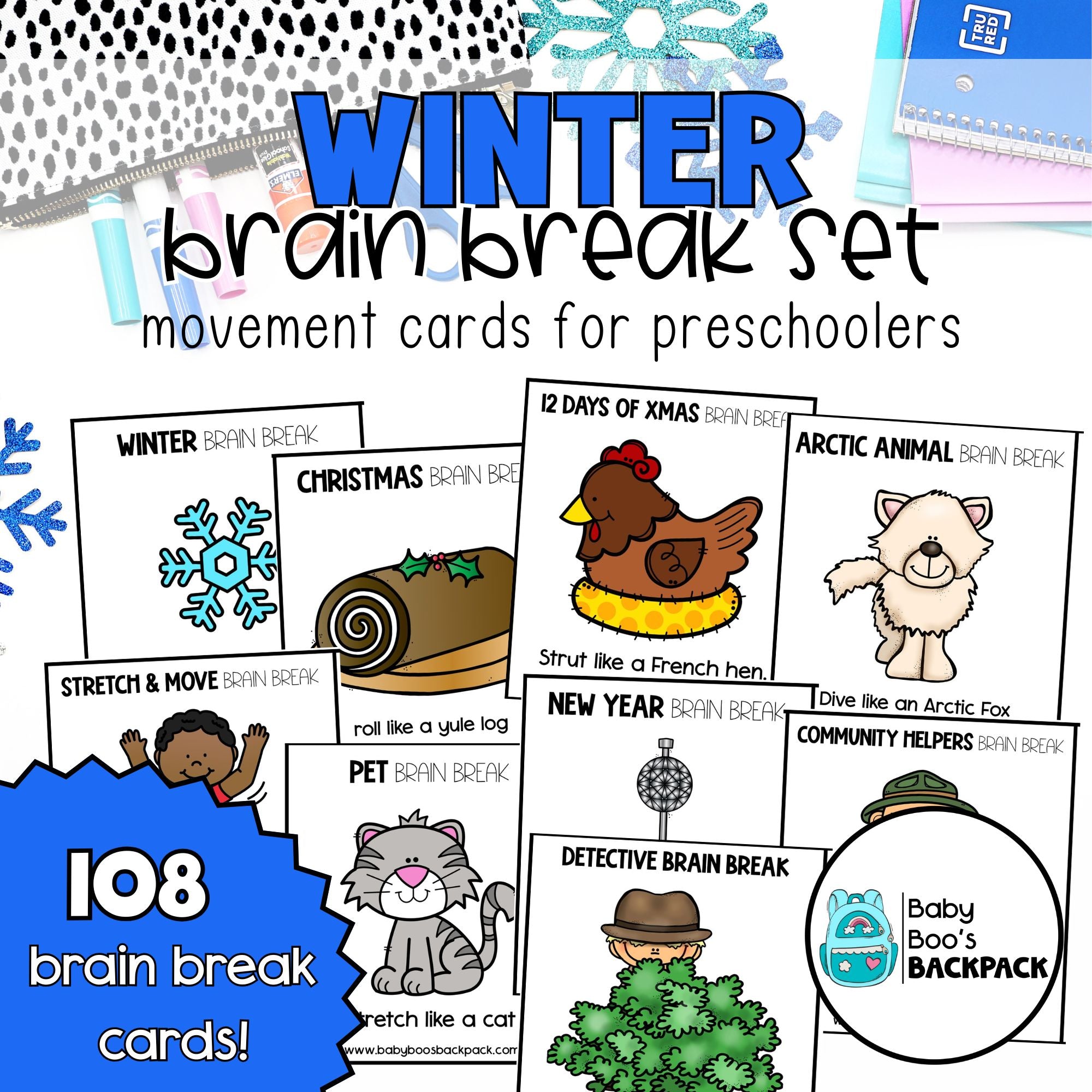 Winter Brain Break Cards | Winter Gross Motor Movement Cards | Self-Re ...